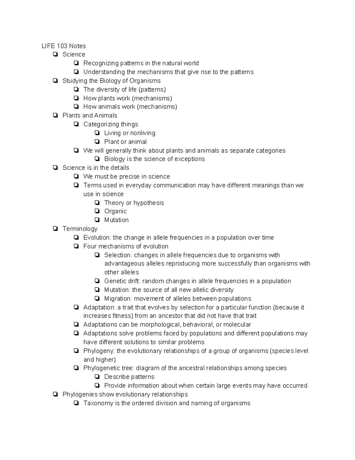 Life 103 Notes - LIFE 103 Notes Science Recognizing patterns in the ...