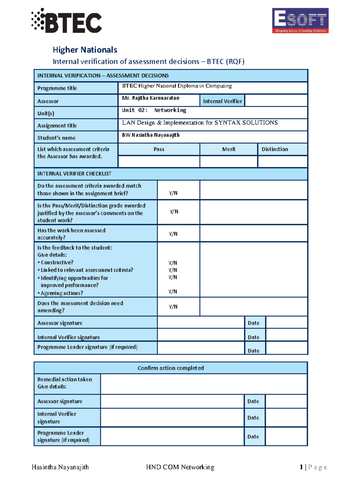 Practice Document - Networking HND - Higher Nationals Internal verification of assessment ...