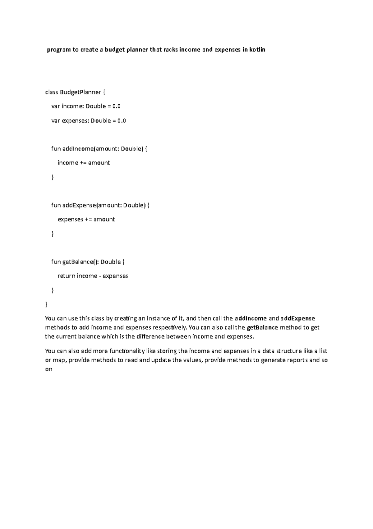 Kotlin budget - program to create a budget planner that racks income ...