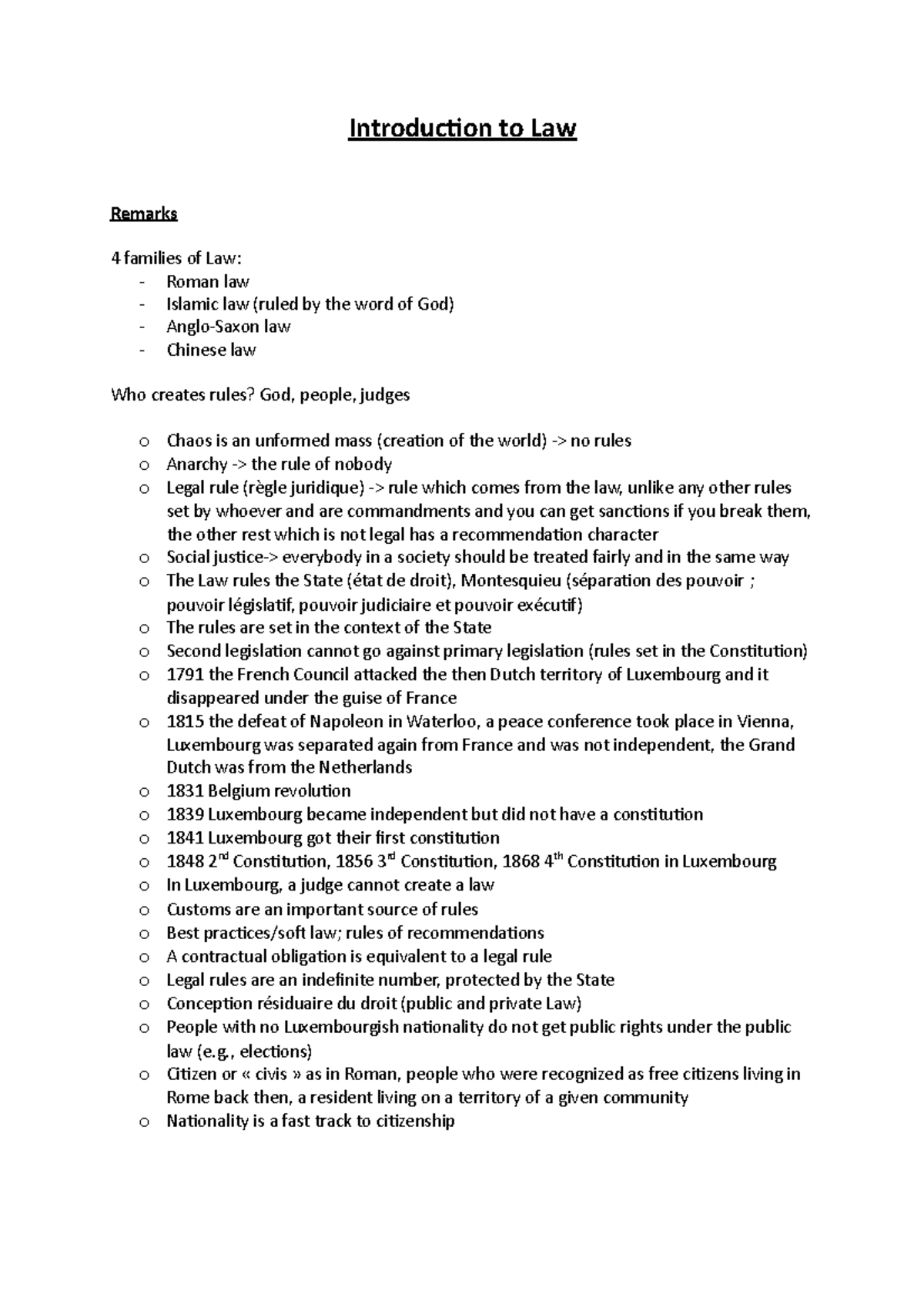 Introduction to Law notes - Introduction to Law Remarks 4 families of ...