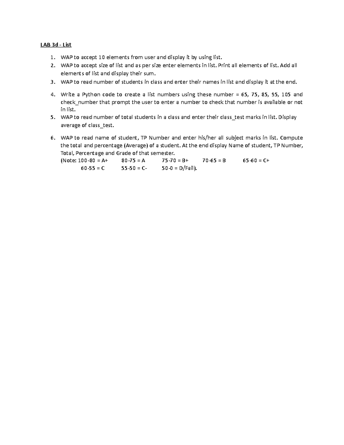 Lab 3d - List - a tutorial work based on the subject PSY2212 - LAB 3d - List WAP to accept 10 ...
