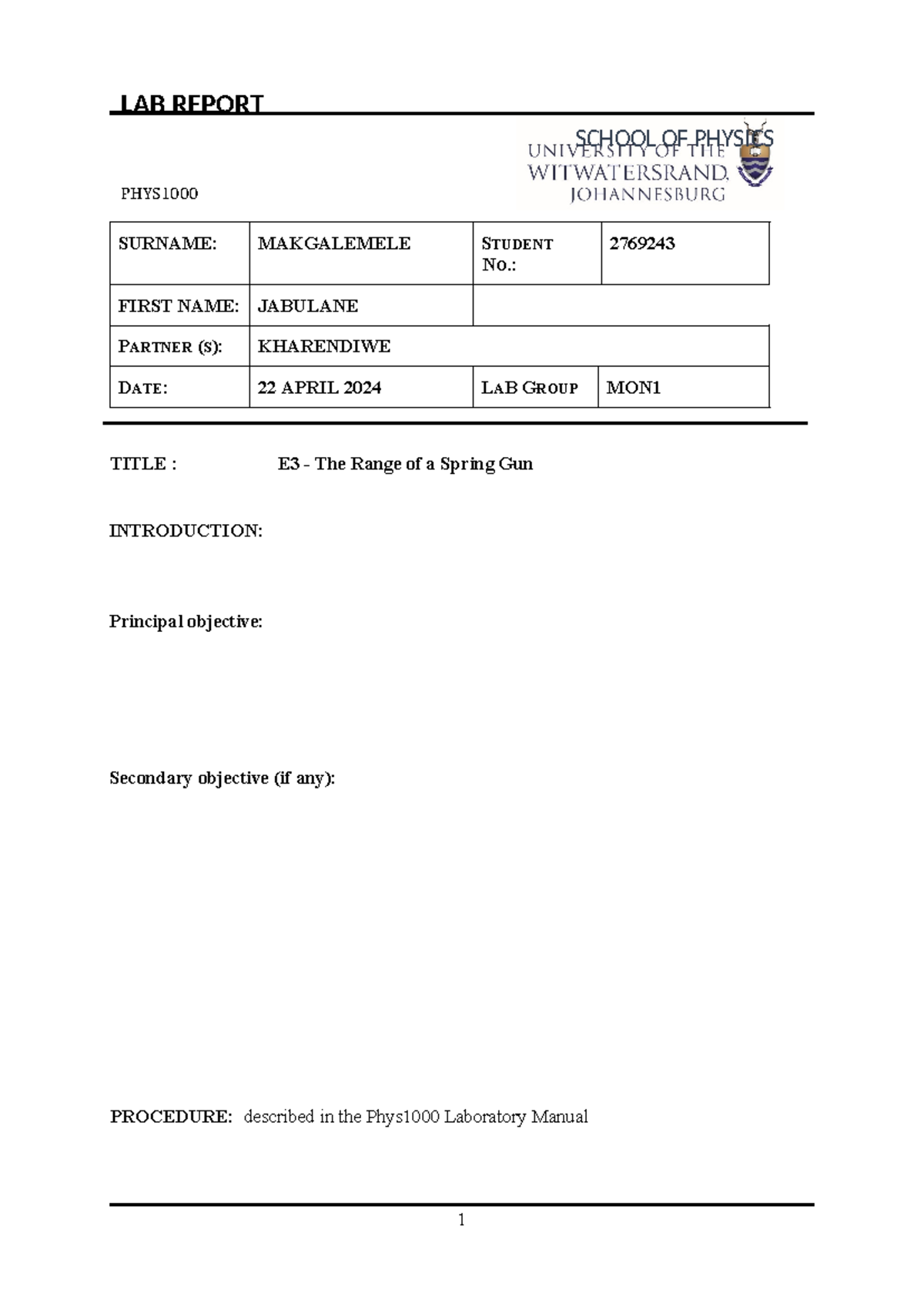 EXP03 - Spring Gun - Lab Report Template - LAB REPORT SCHOOL OF PHYSICS ...