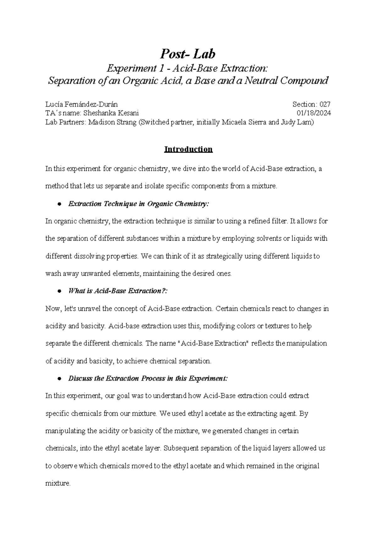 Post-Lab Exp 1 Orgo I - Lucía Fernández-Durán - Post- Lab Experiment 1 - Acid-Base Extraction ...