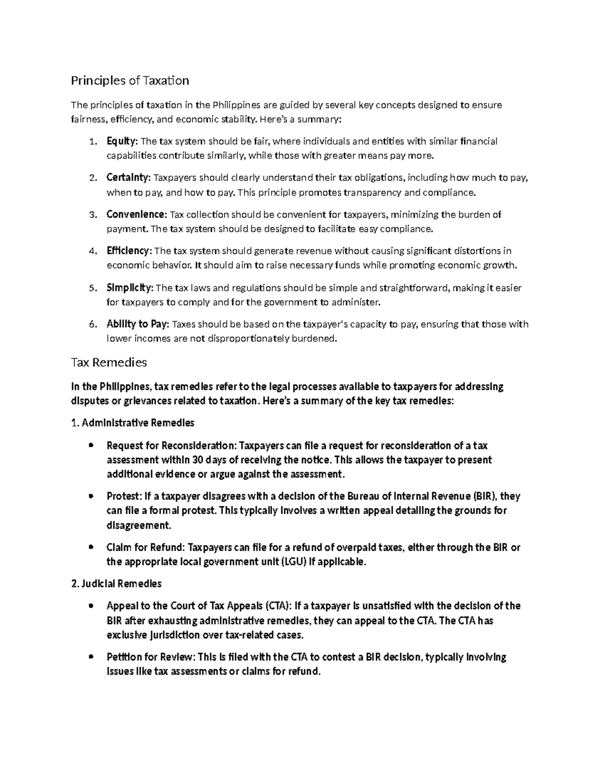Principles of Taxation - Here’s a summary: 1. Equity: The tax system ...
