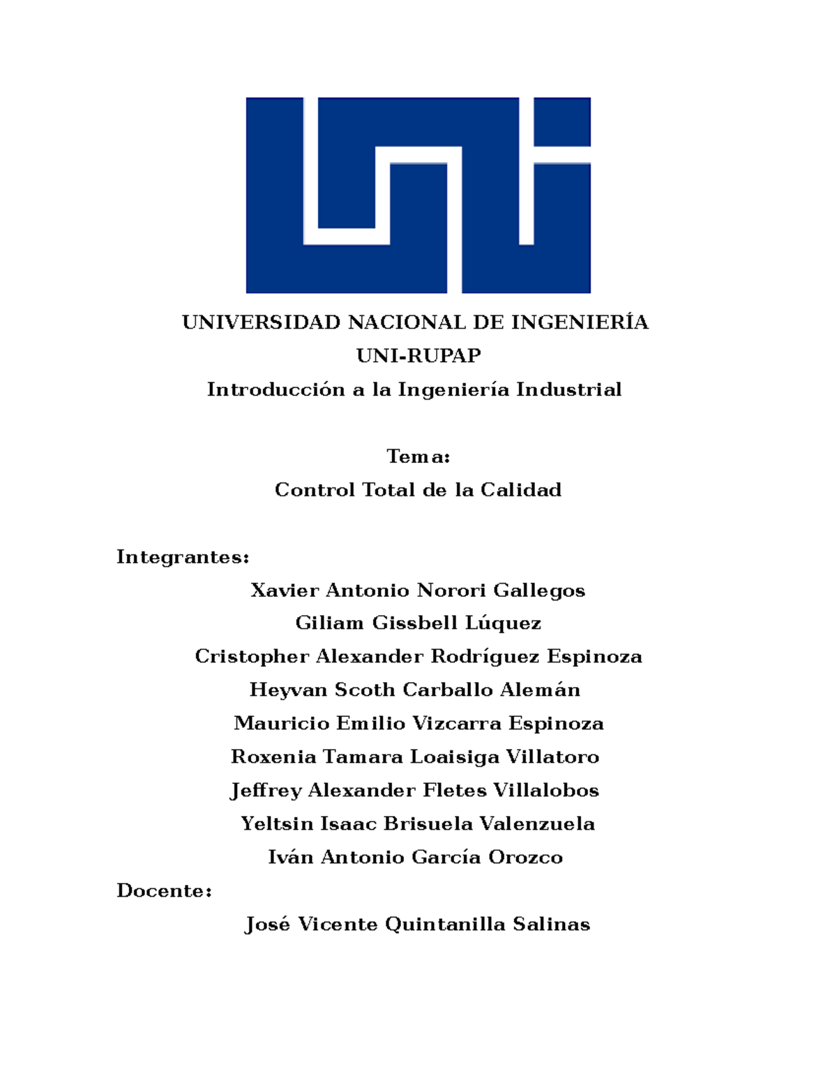 Control Total de la Calidad - UNIVERSIDAD NACIONAL DE INGENIERÍA UNI ...