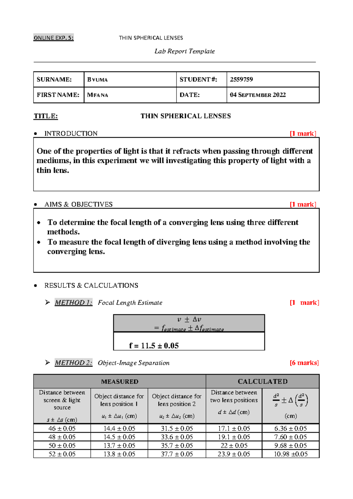Exp05 - Thin Lens - Lab Report Template - ONLINE EXP. 5 : THIN SPHERICAL LENSES Lab Report ...