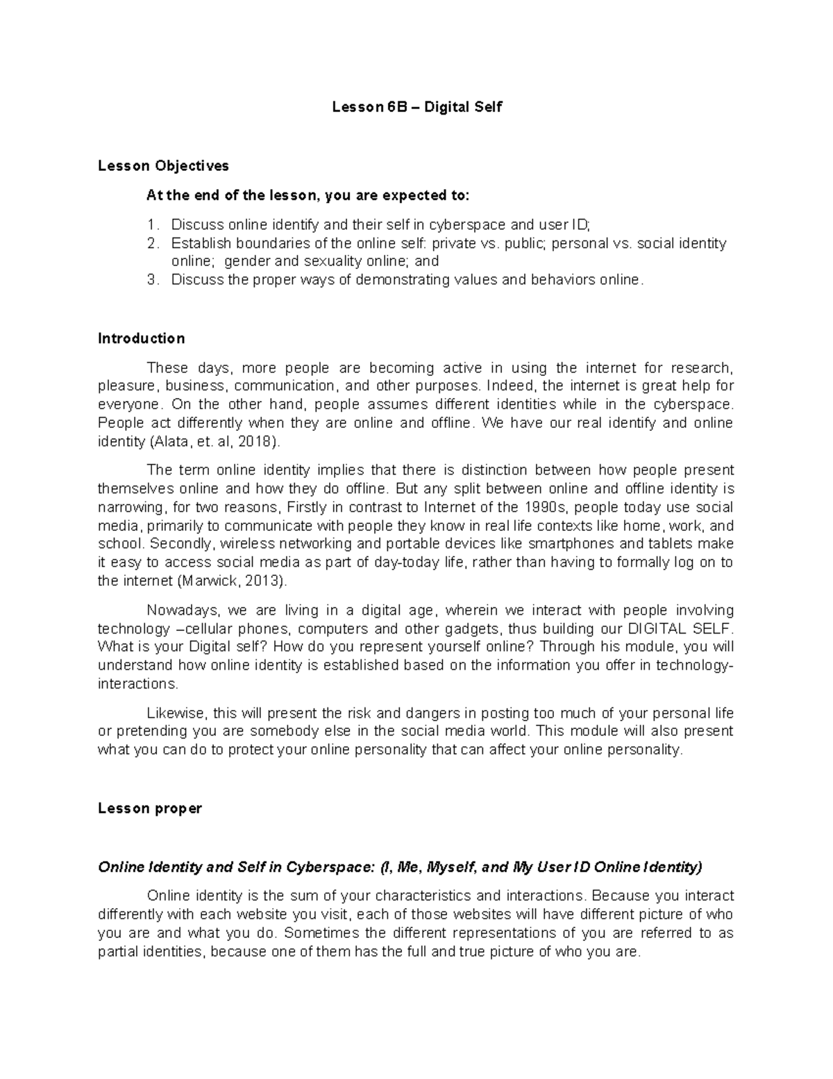 Lesson 6B The Digital Self - Lesson 6B – Digital Self Lesson Objectives ...