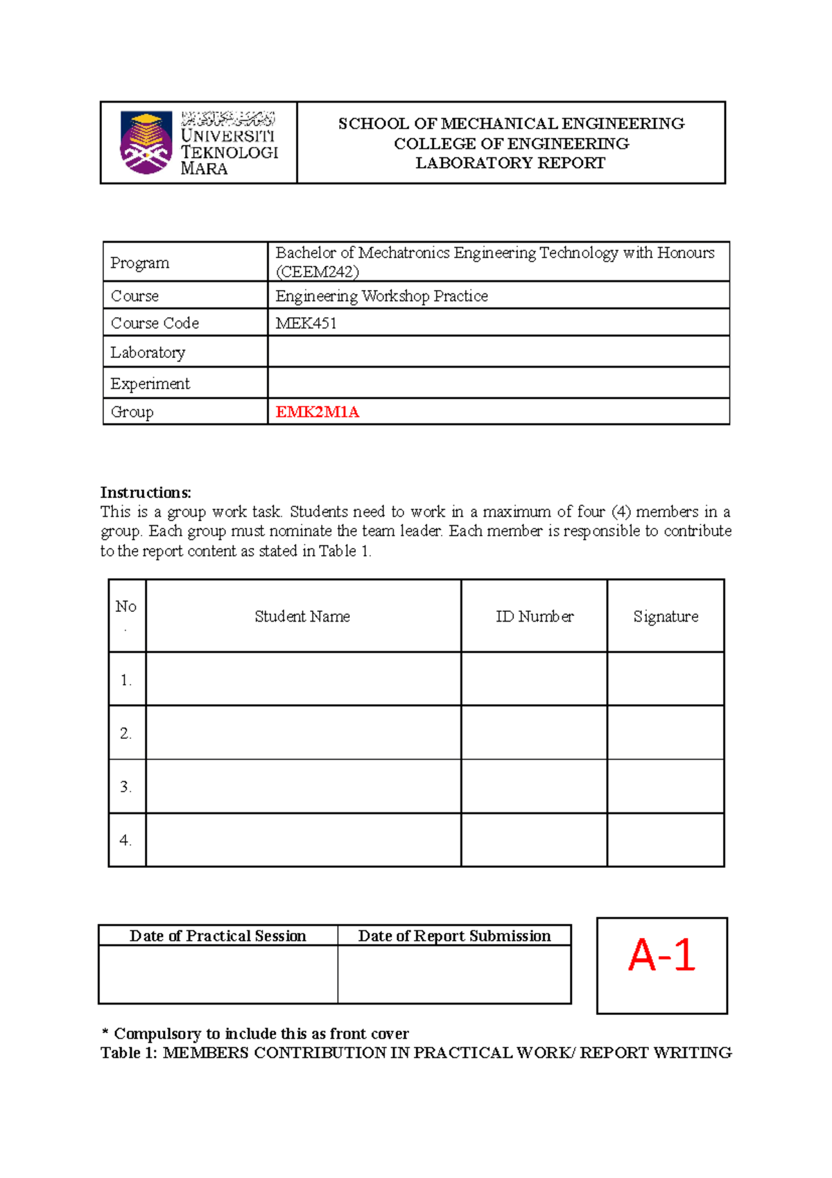 Template LAB Report MEK451 - SCHOOL OF MECHANICAL ENGINEERING COLLEGE ...