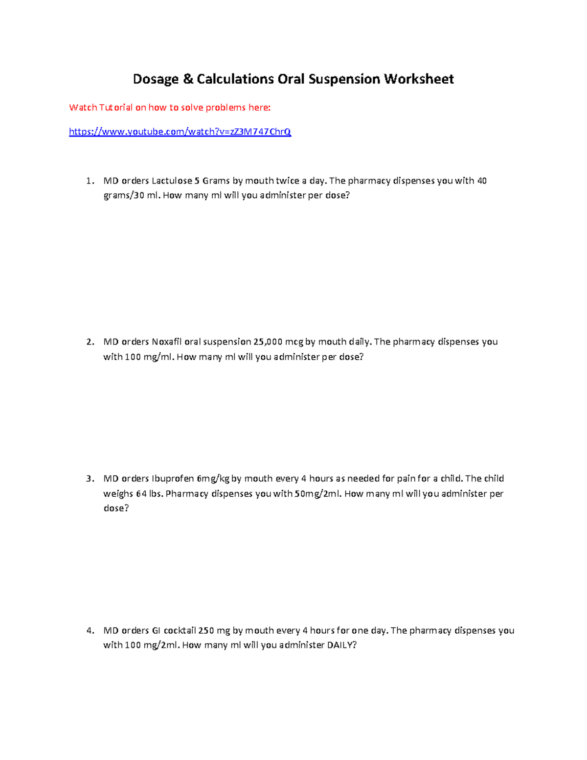 Oral Suspension Dimensional Analysis Worksheet - Dosage & Calculations ...