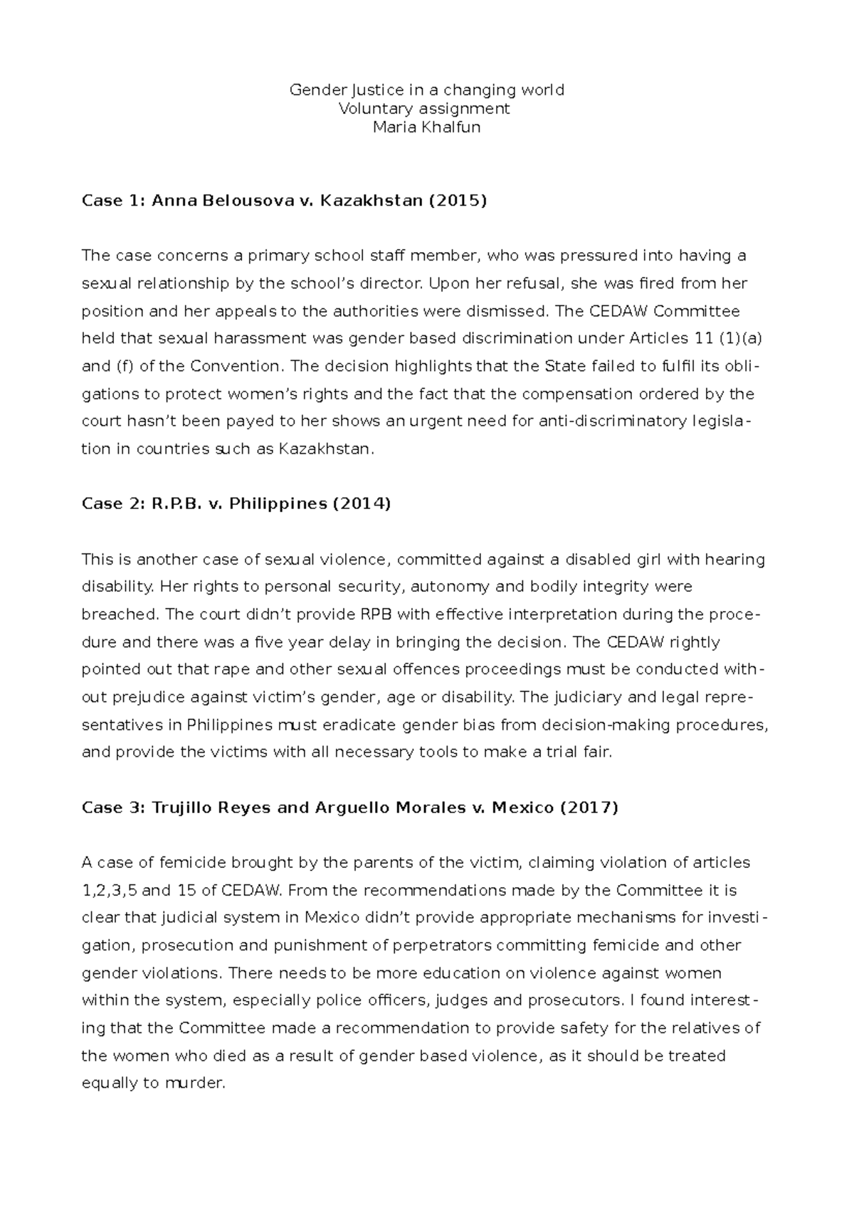 Gender Justice in a Changing World: Case Studies - Studocu