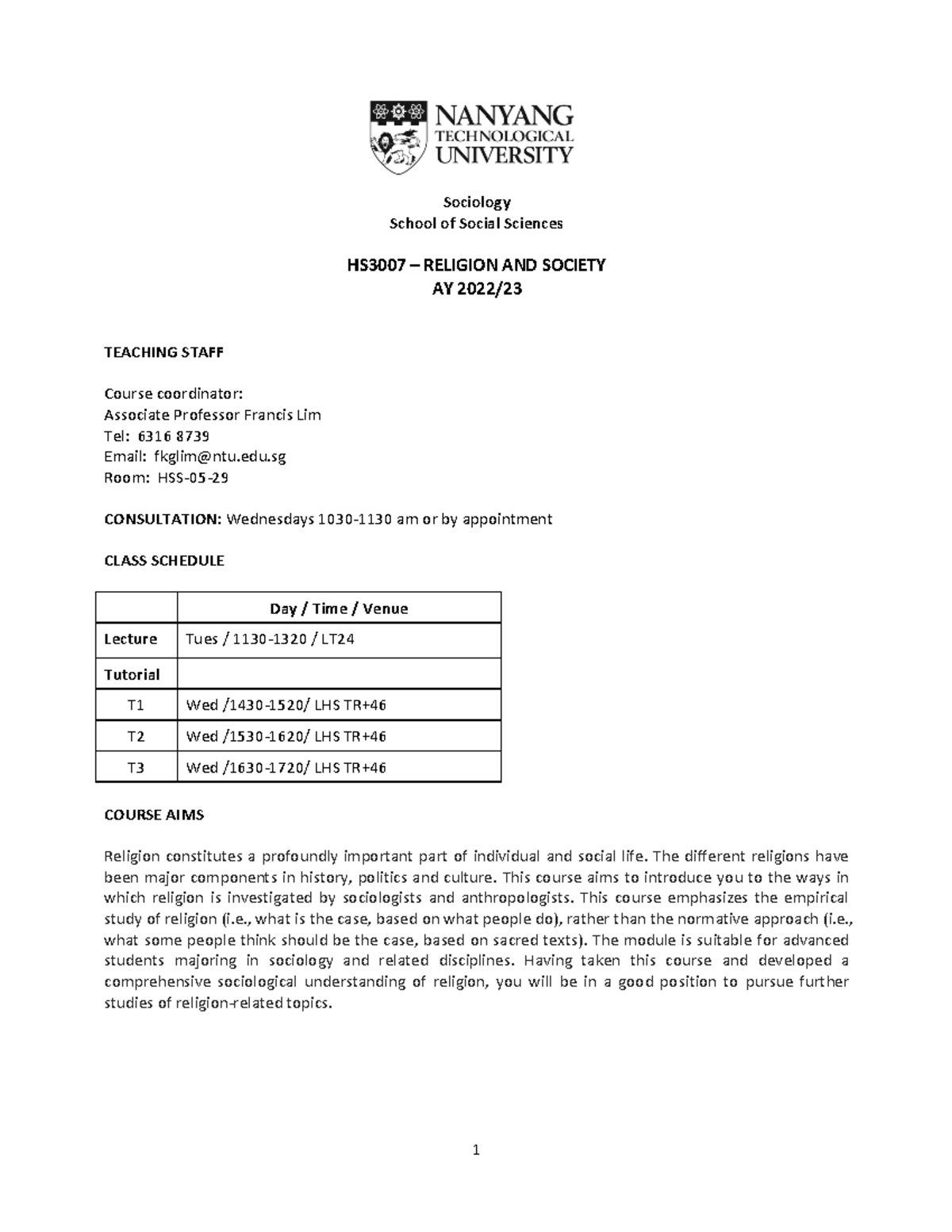 Syllabus - SAD - Sociology School of Social Sciences HS3007 – RELIGION ...
