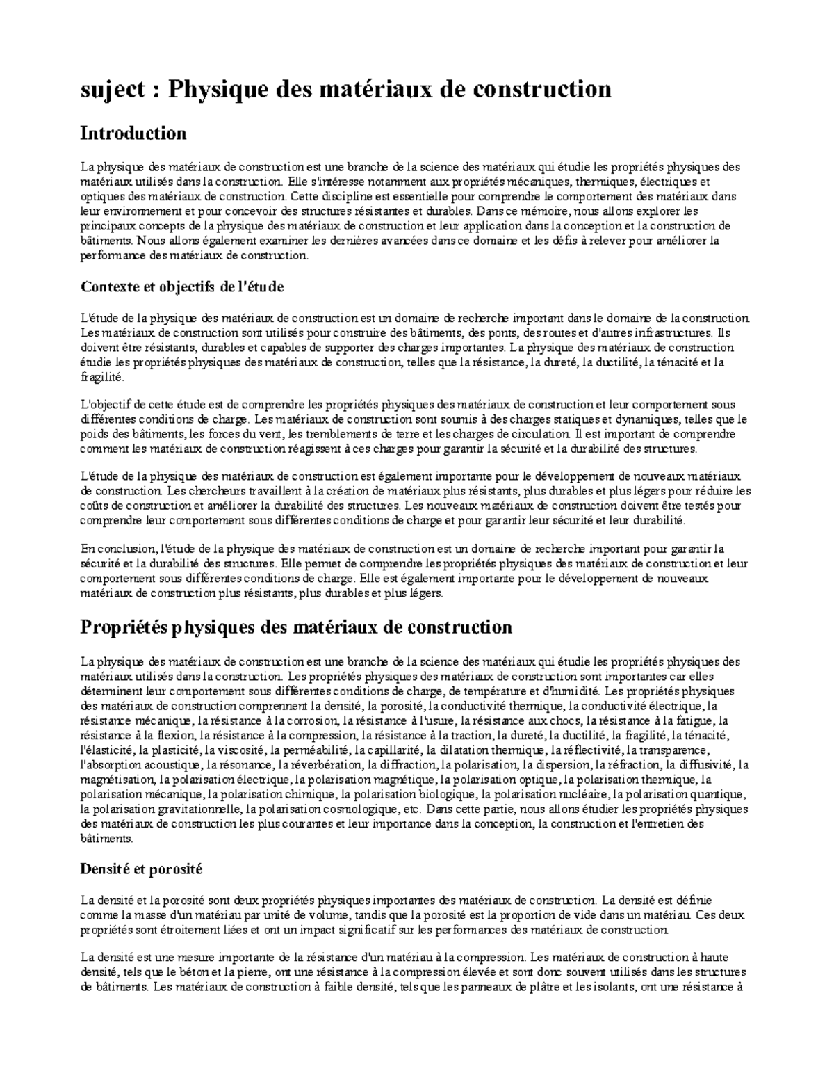 Physique des matériaux de construction - suject : Physique des ...