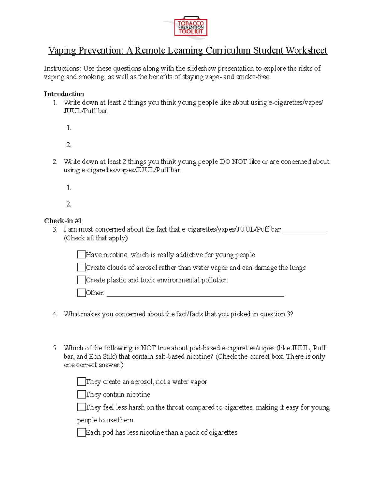 Vaping Prevention Remote Learning Worksheet - Vaping Prevention: A ...