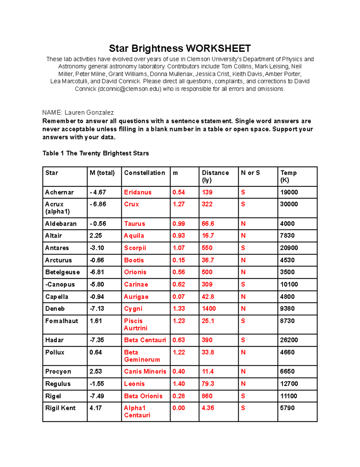 Star Brightness worksheet - Star Brightness WORKSHEET These lab ...