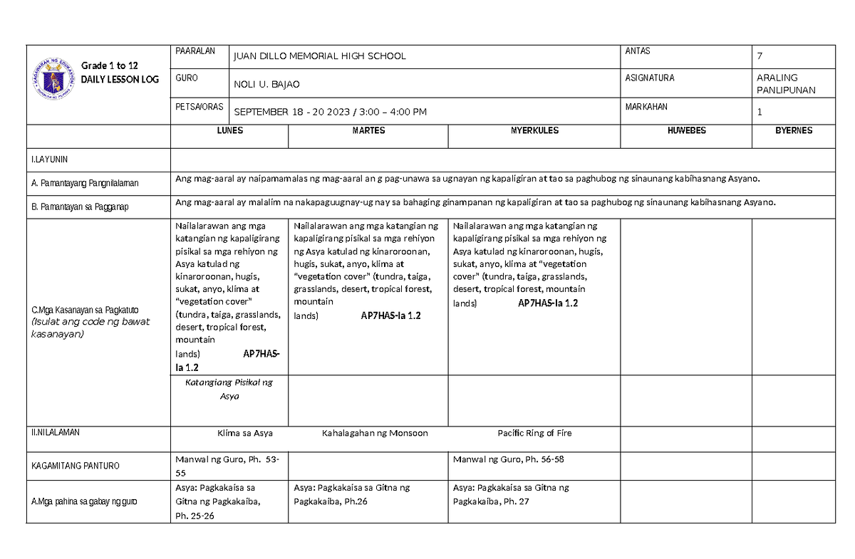 AP 7 Q1 WEEK 4 - daily lesson log - Grade 1 to 12 DAILY LESSON LOG ...