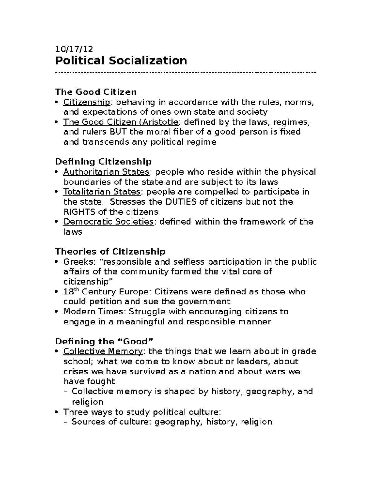 Lecture 7 - Political Socialization 10-17-12 - 10/17/12 Political ...