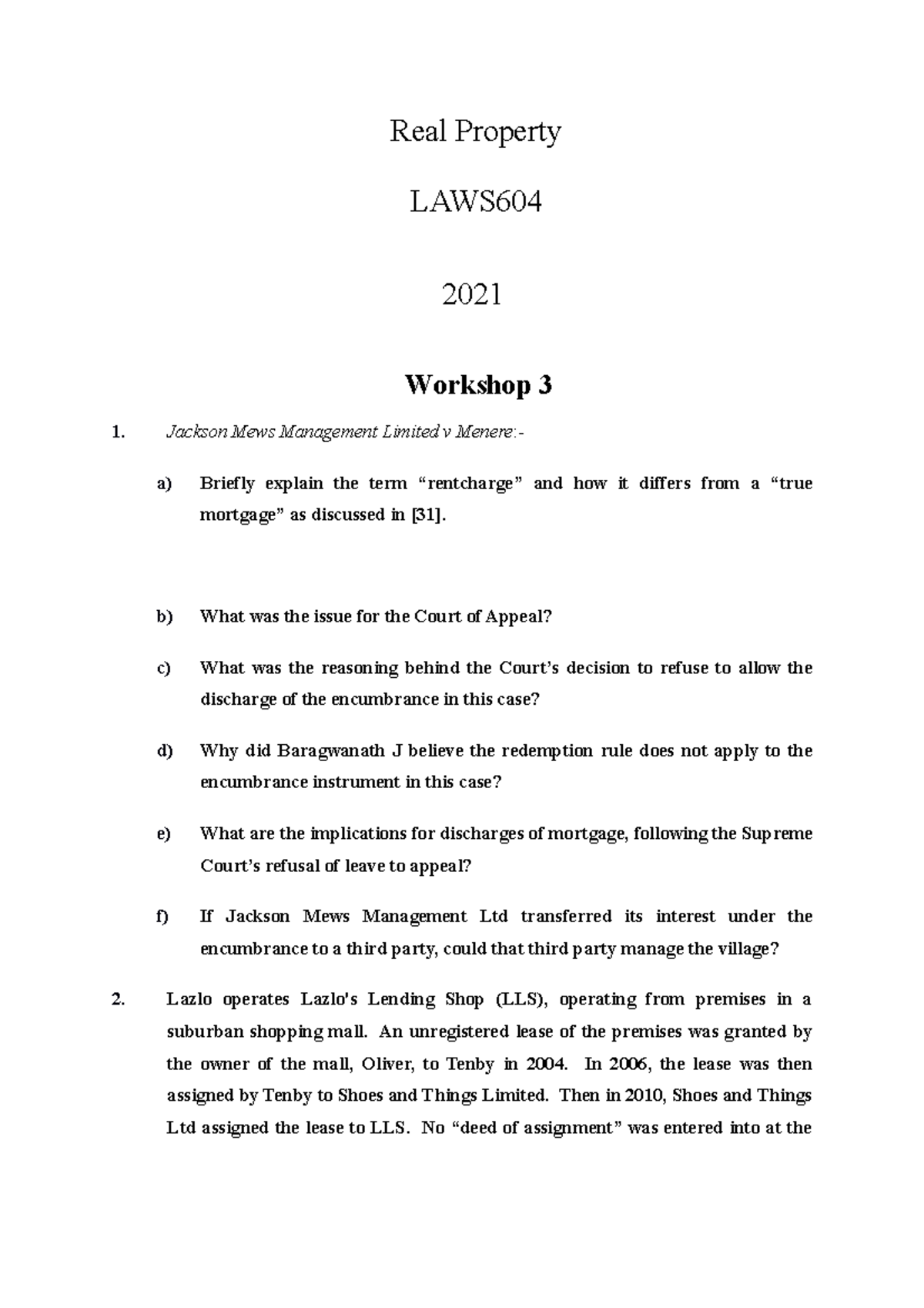 Real Property 2021 workshop week 4 260721 - Real Property LAWS 2021 ...