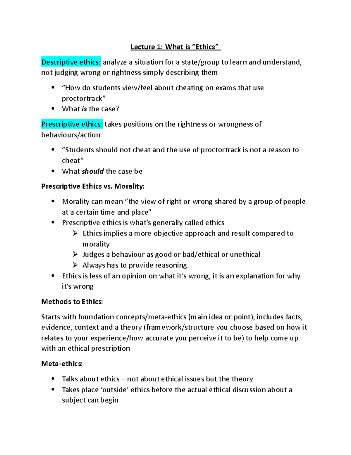 HS 2610 Lecture 1 - Lecture 1: What is “Ethics” Descriptive ethics ...