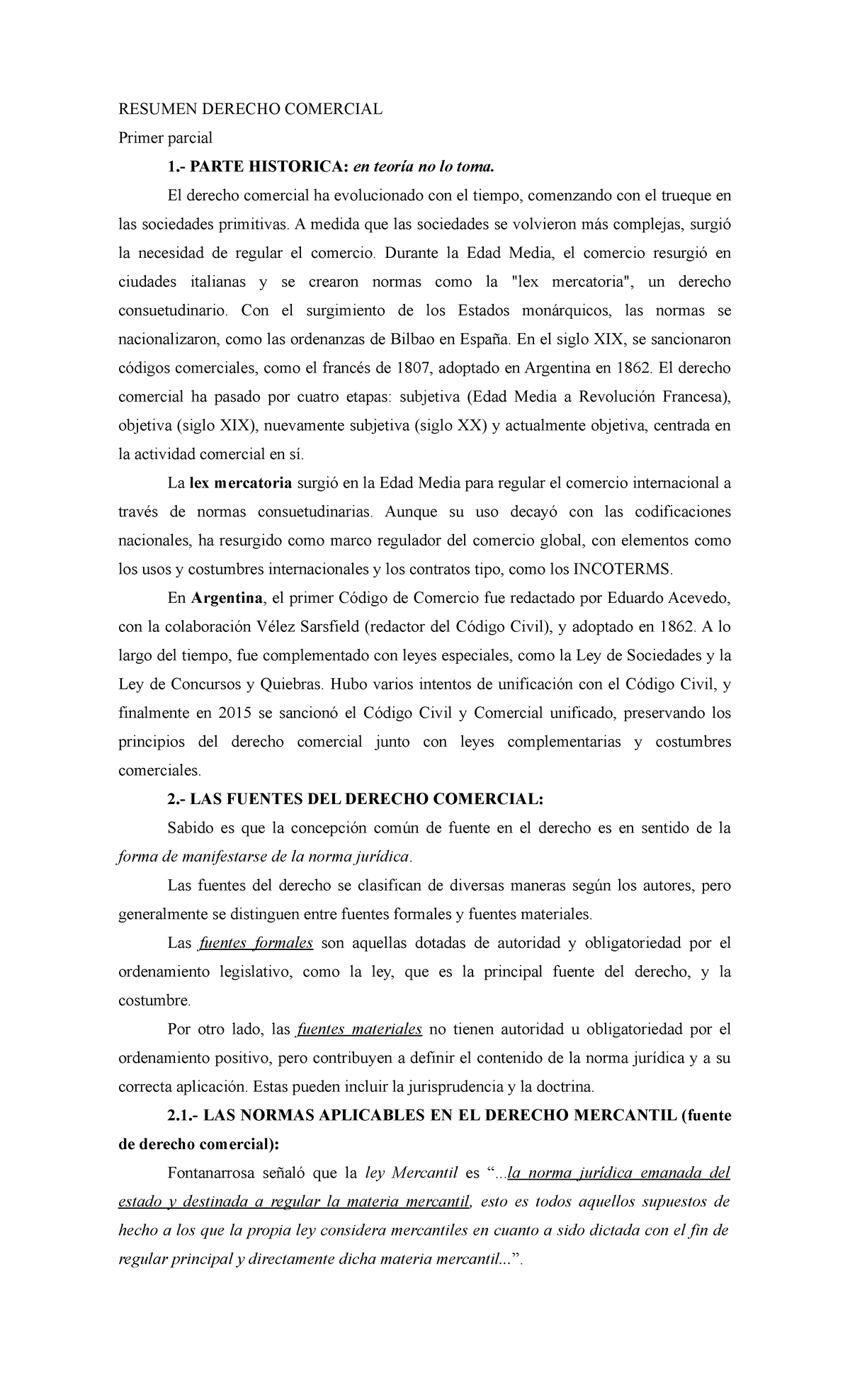 Resumen 1 parcial - RESUMEN DERECHO COMERCIAL Primer parcial 1.- PARTE ...