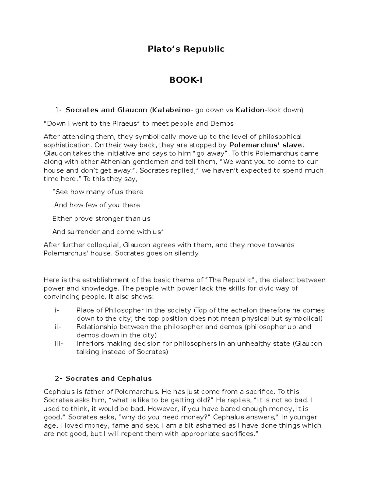 Plato - Plato’s Republic BOOK-I 1- Socrates and Glaucon (Katabeino- go ...