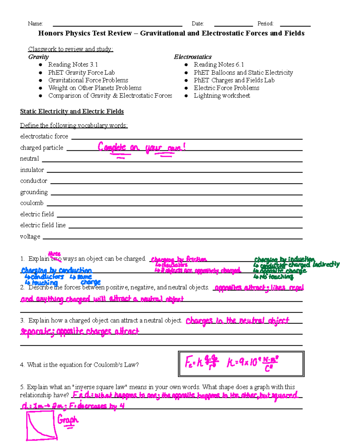 Review - ... - Name: Date: Period: Honors Physics Test Review ...