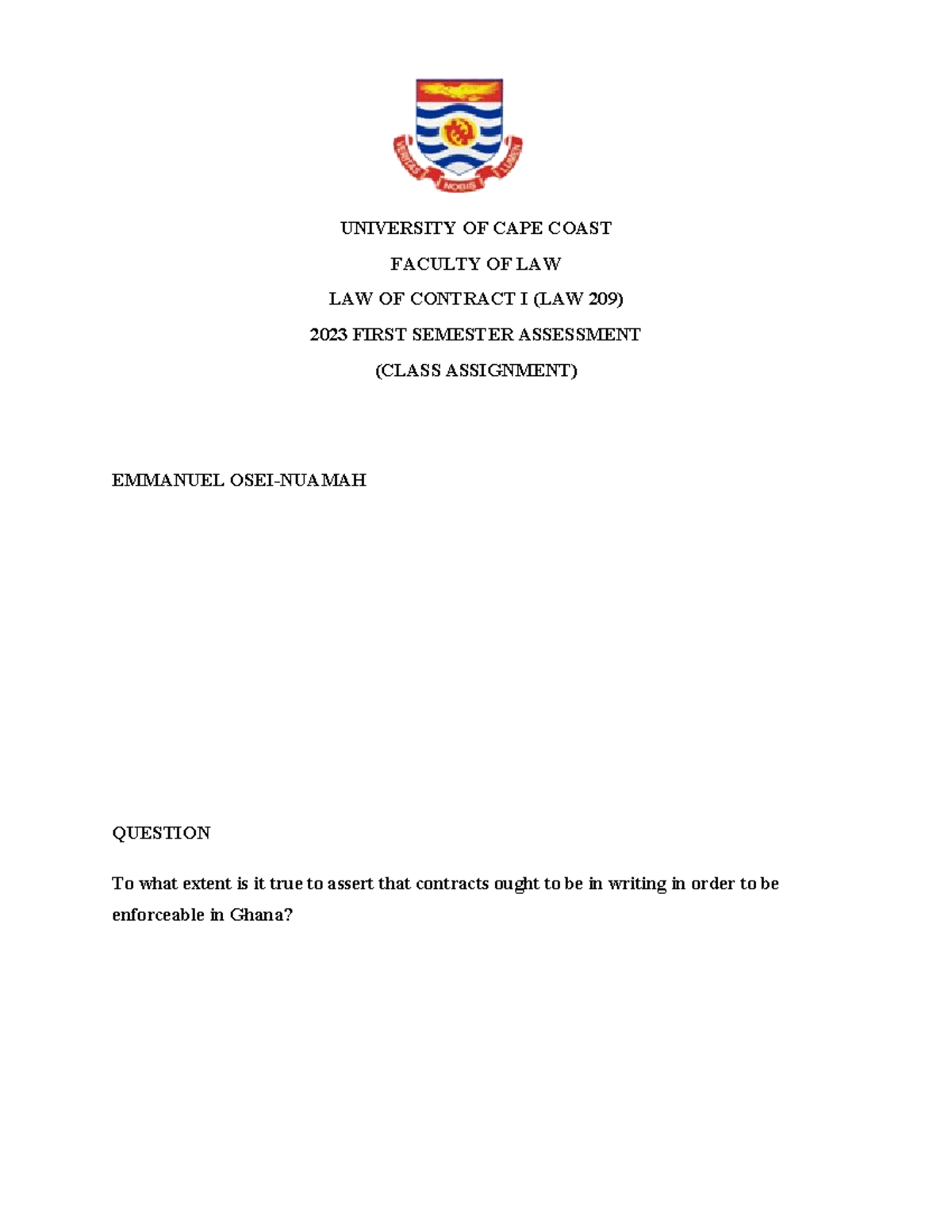 LAW OF Contract Assignment - UNIVERSITY OF CAPE COAST FACULTY OF LAW ...