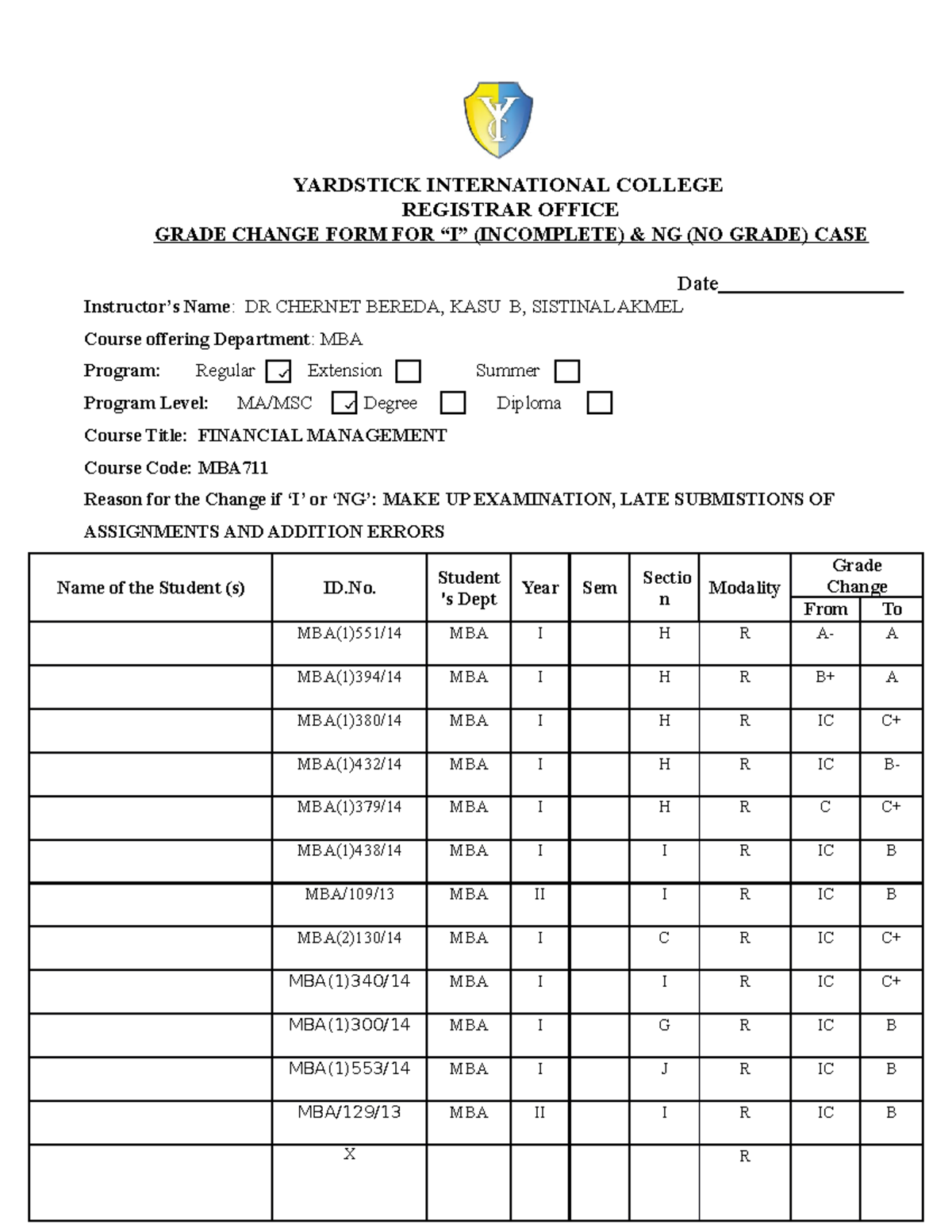FM Grade Change FOR Students - YARDSTICK INTERNATIONAL COLLEGE ...