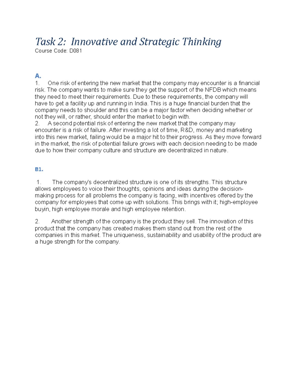 Task 2 Innovative and Strategic Thinking - Task 2: Innovative and ...