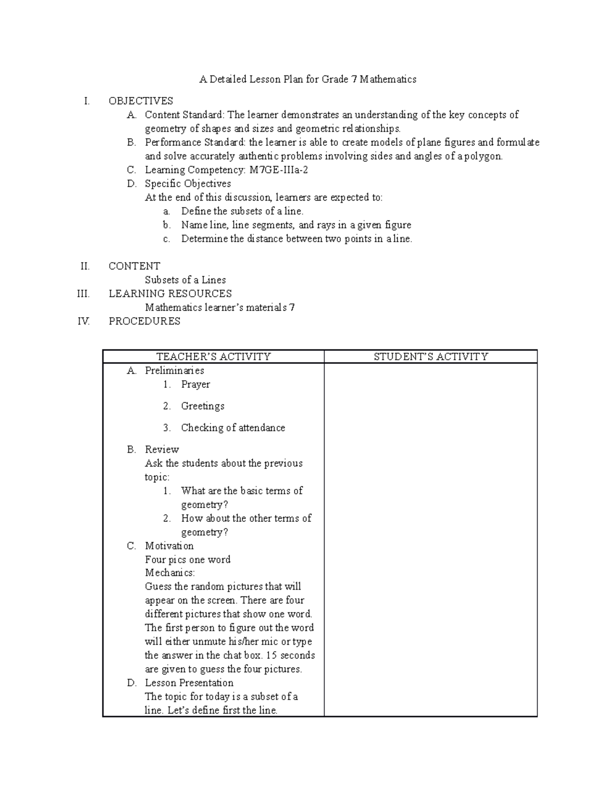 A Detailed Lesson Plan for Grade 7 Mathematics - OBJECTIVES A. Content ...