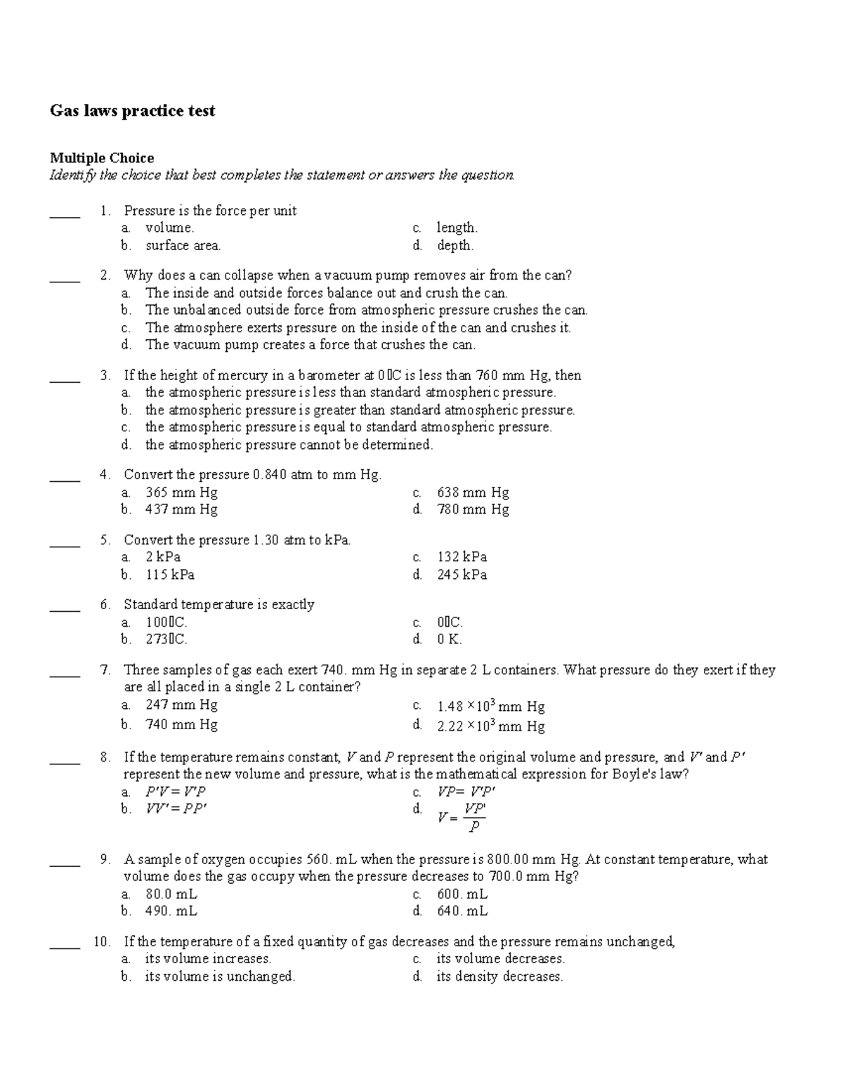 Gas Laws Practice Questions with Answers - Gas laws practice test ...