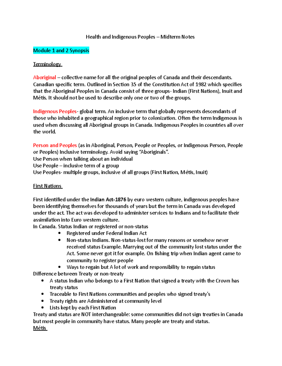 Health and Indigenous Peoples- midterm lecture notes - Health and ...