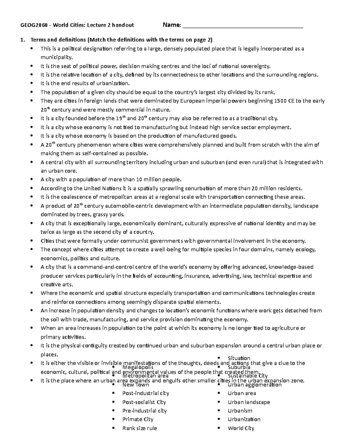 Lecture 2 handout worksheet - GEOG2060 - World Cities: Lecture 2 ...