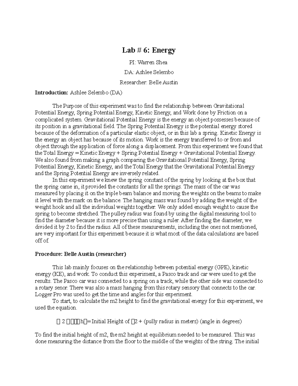 Phy 211 Lab 6 Phy Lab Lab 6 Energy Pi Warren Shea Da Ashlee Selembo Researcher Belle