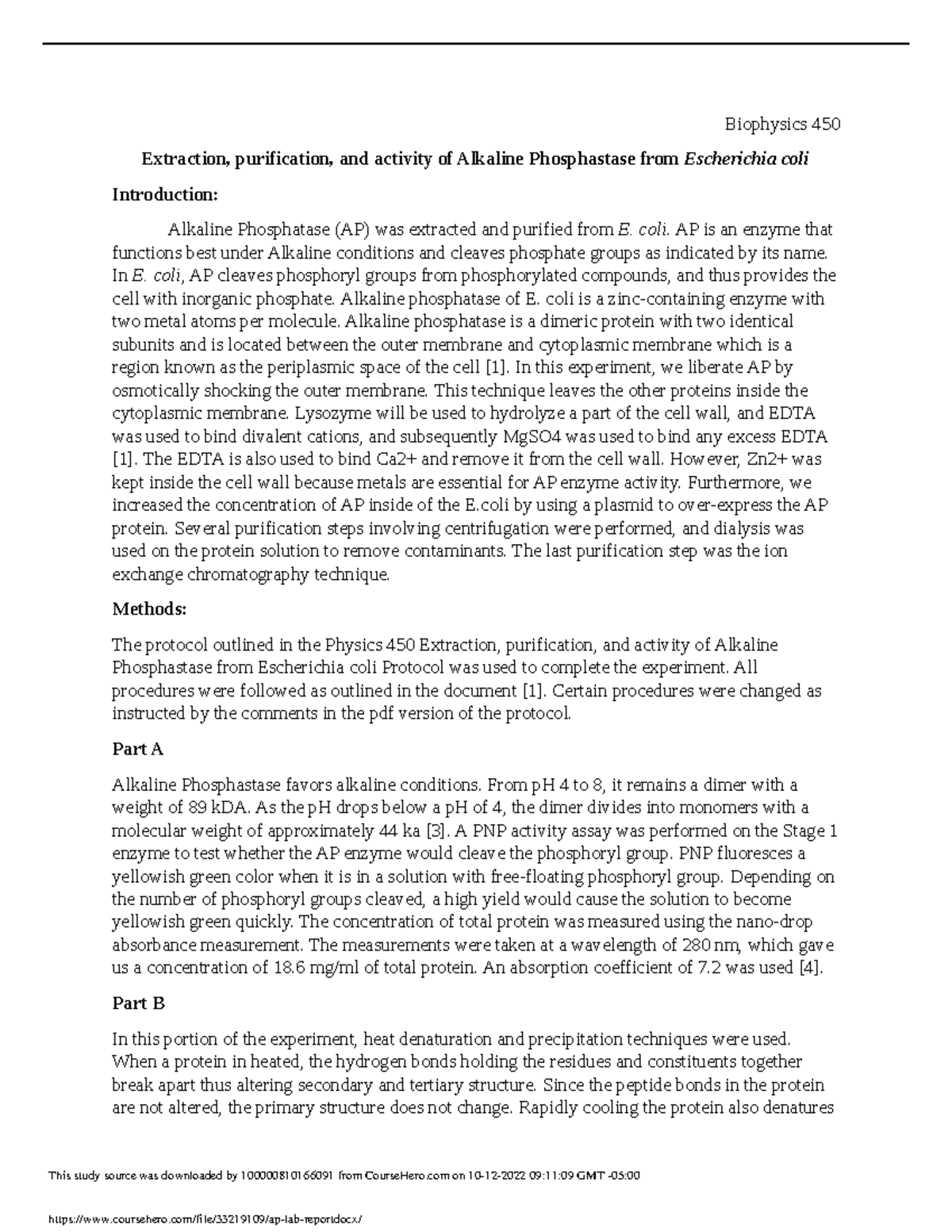 Ap lab report - Biophysics 450 Extraction, purification, and activity ...