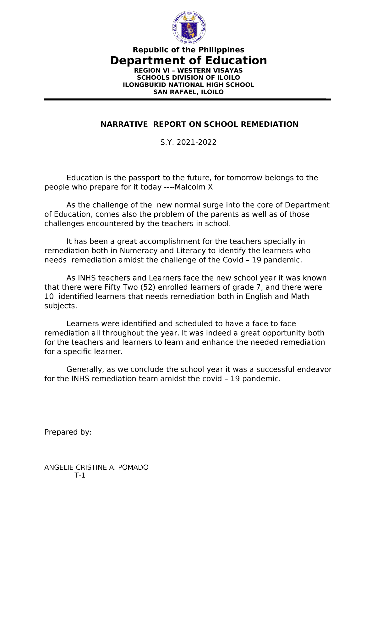 Narrative-report-remedial - Republic of the Philippines Department of ...