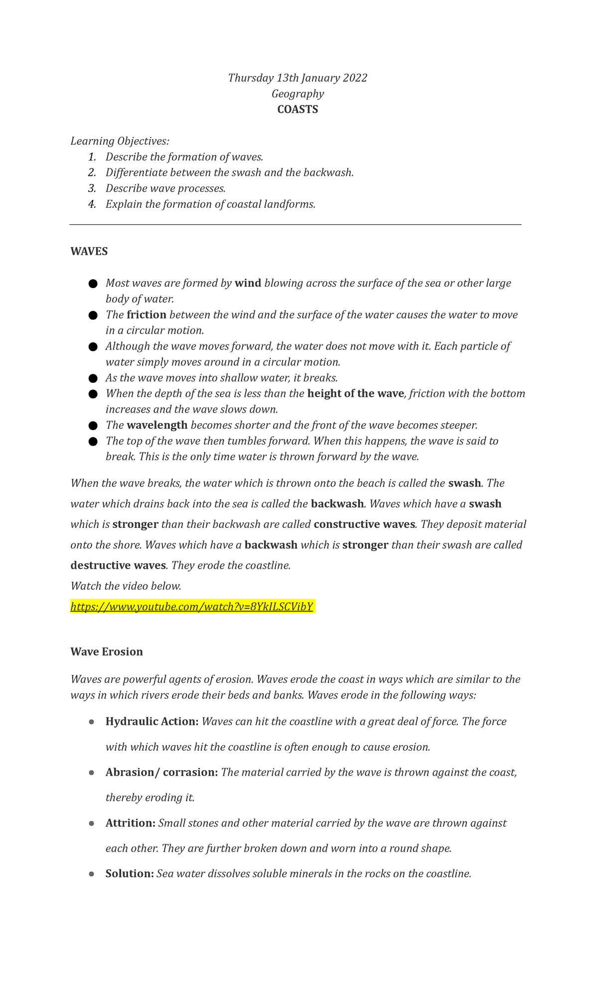 Coasts - Notes - sfanrhegfteah - Thursday 13th January 2022 Geography ...