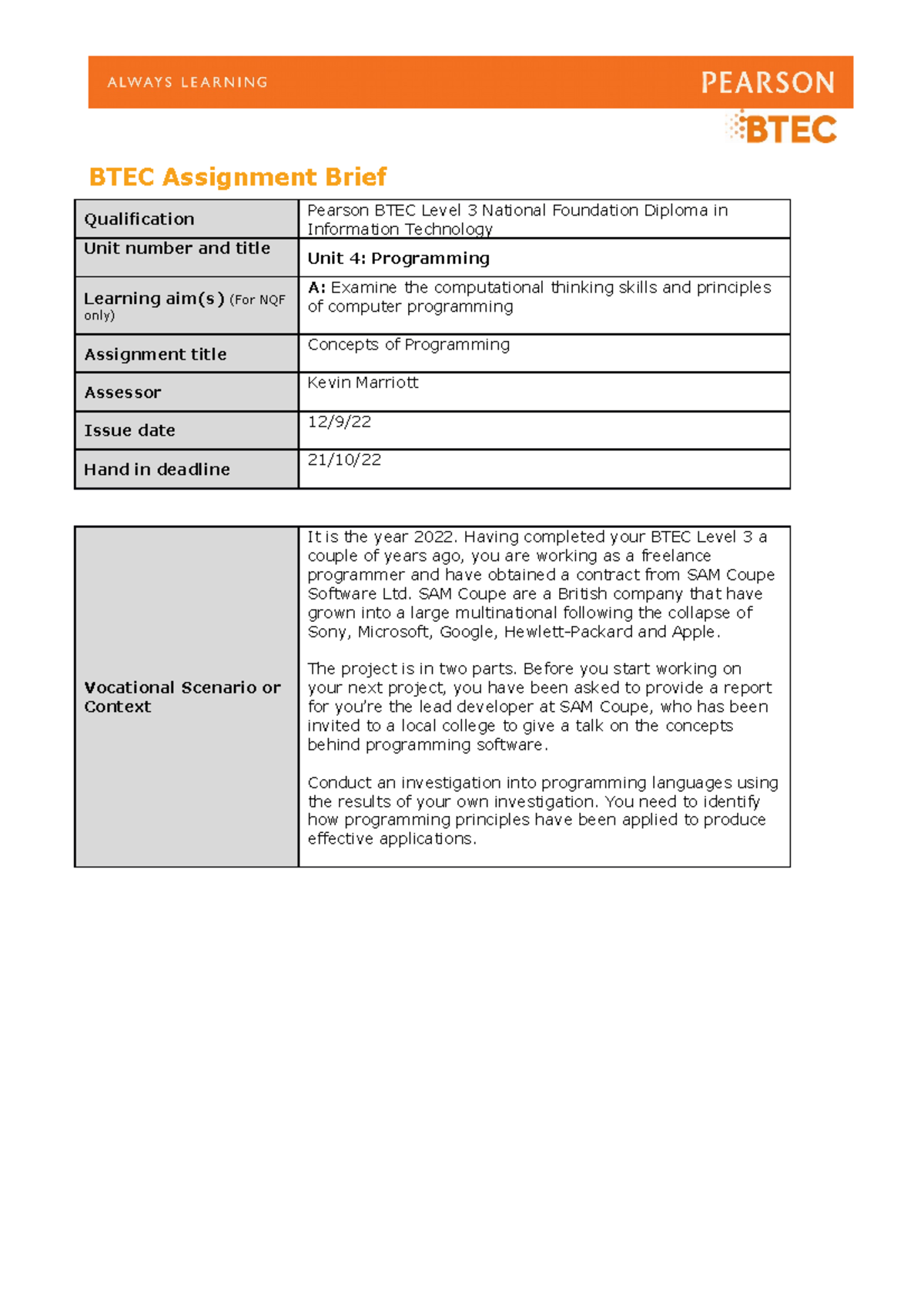 Bnu4 a1 22v1 - very hard - BTEC Assignment Brief Qualification Pearson ...