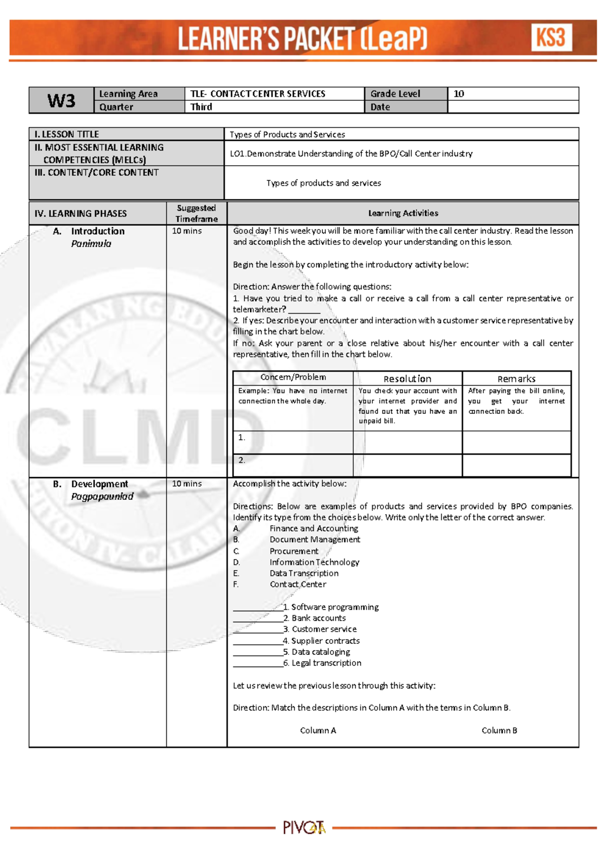 TLE ICT CS10 w3 - TLE ICT CS10 w3 - W 3 Learning Area TLE- CONTACT ...