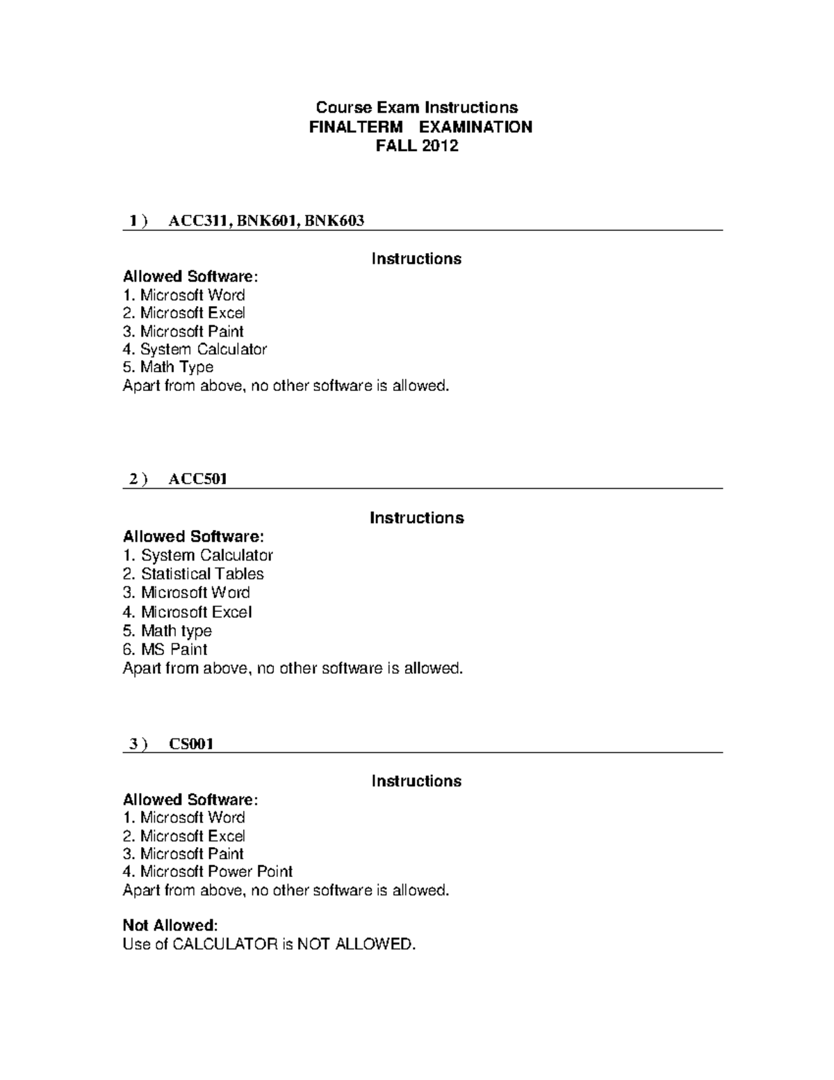Exam allowace rules - Course Exam Instructions FINALTERM EXAMINATION ...