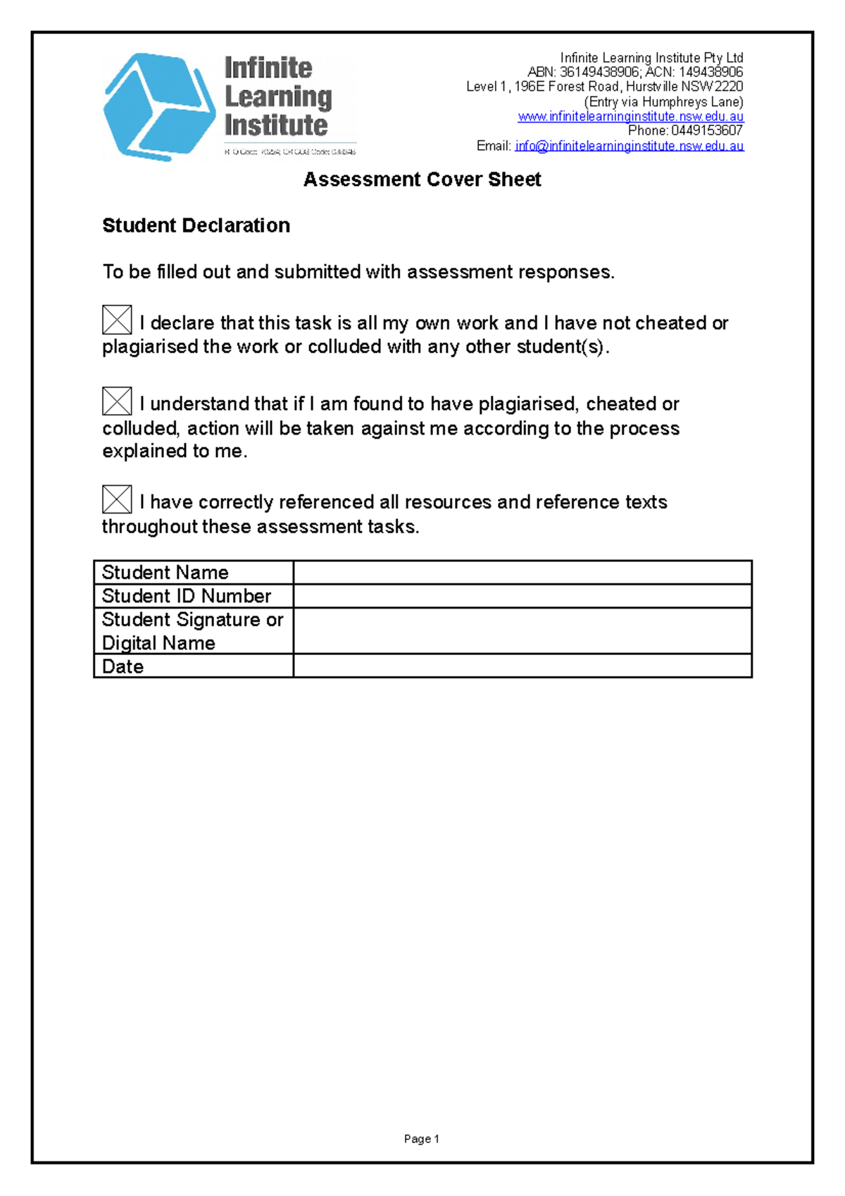 Assessment Cover Sheet V1.0 - Copy - Infinite Learning Institute Pty ...