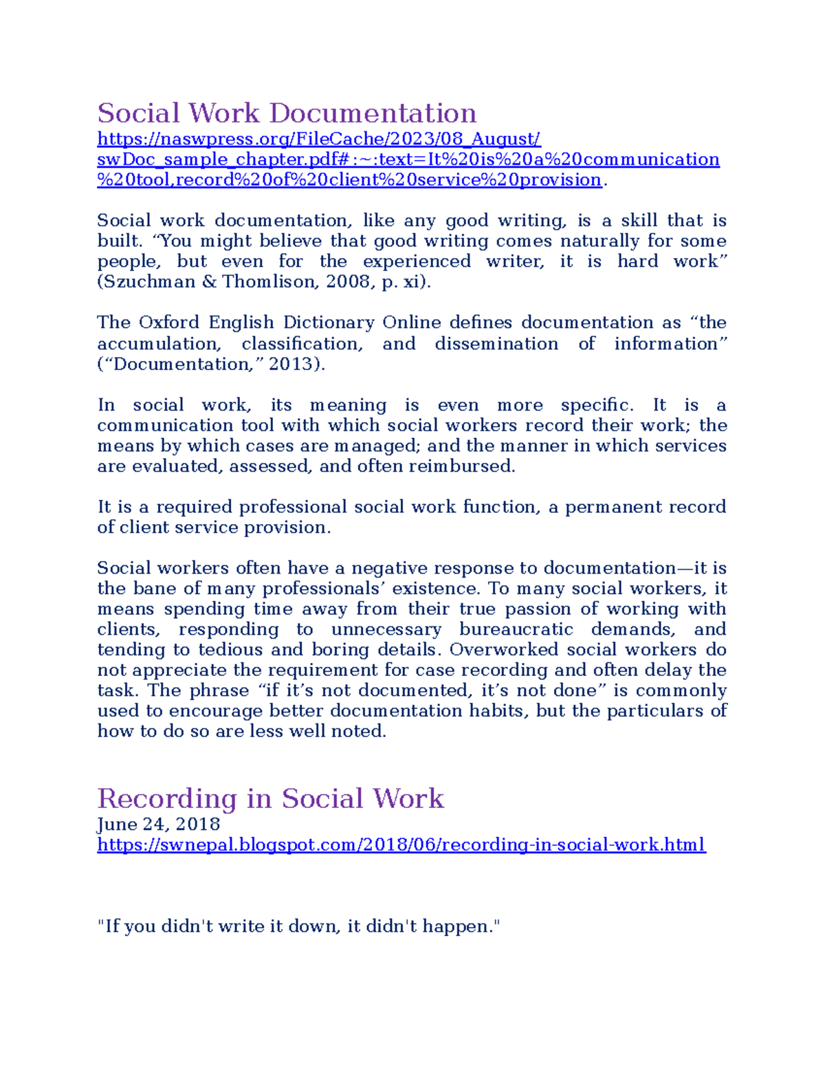 Recording in social work 1 - Social Work Documentation naswpress ...