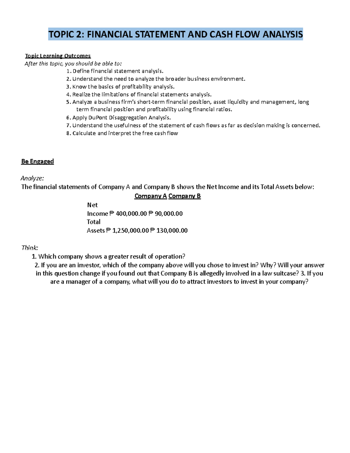 2 Financial Statement and Cash Flow Analysis - TOPIC 2: FINANCIAL ...