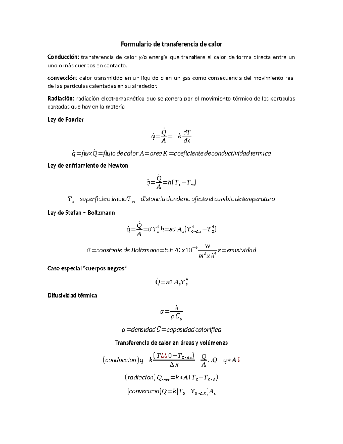 Formulario de transferencia de calor - Formulario de transferencia de calor Conducción: - Studocu