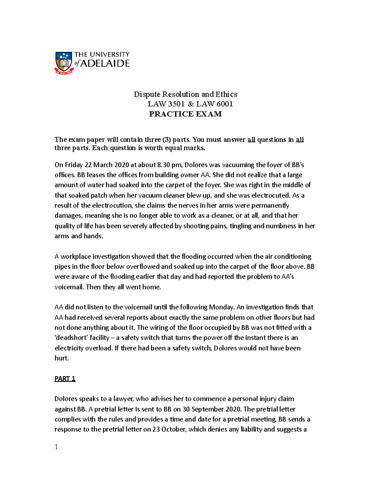 DRE Practice Exam - Dispute Resolution and Ethics LAW 3501 & LAW 6001 ...