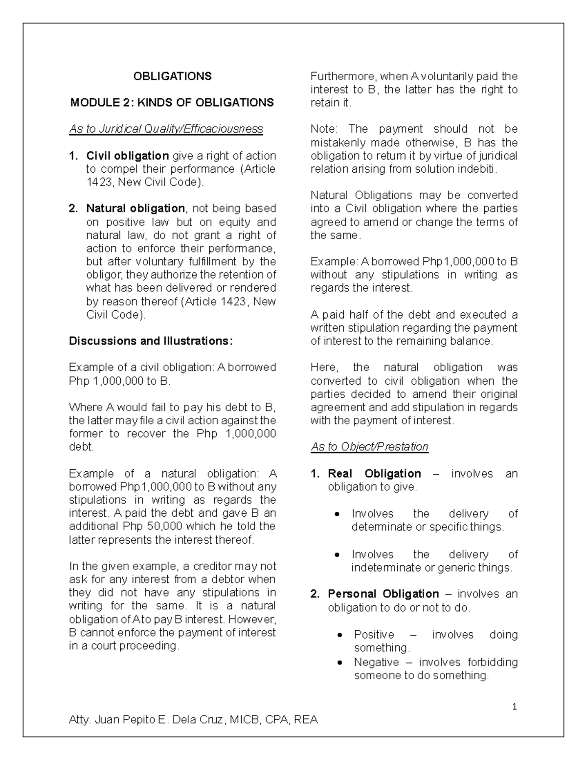 Module 2 Kinds of Obligations - 1 OBLIGATIONS MODULE 2 : KINDS OF ...