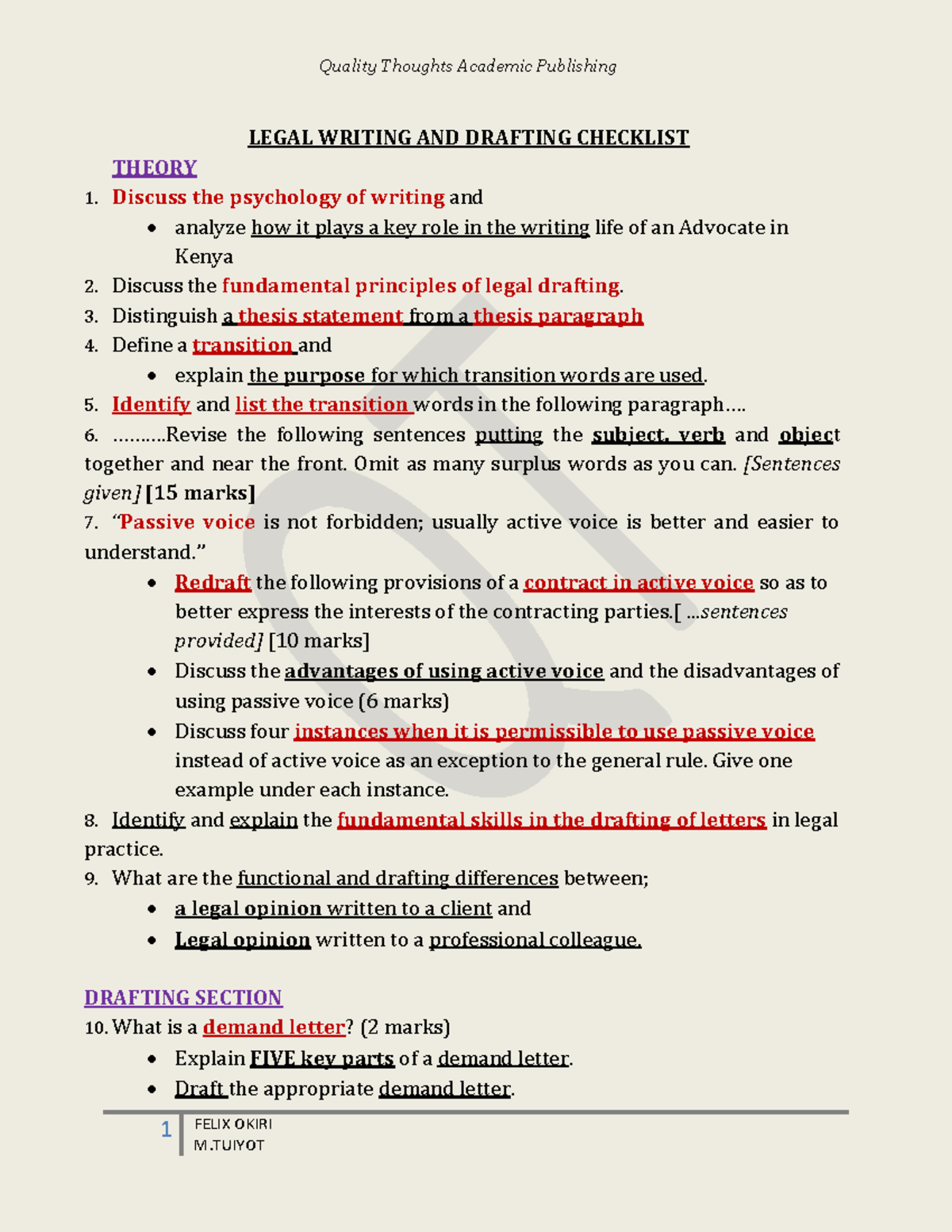 Legal Writing AND Drafting sample questions - LEGAL WRITING AND ...