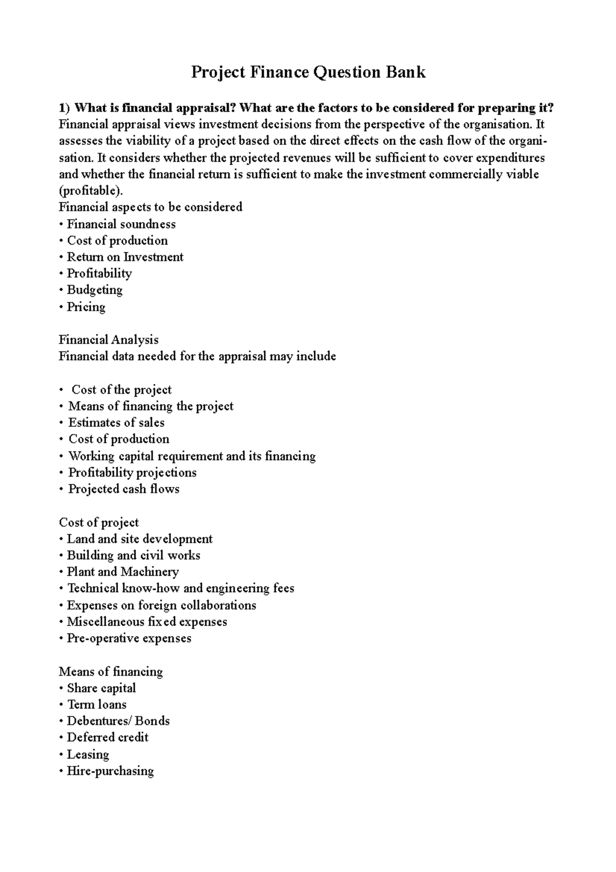 Project Finance Question Bank - It assesses the viability of a project ...