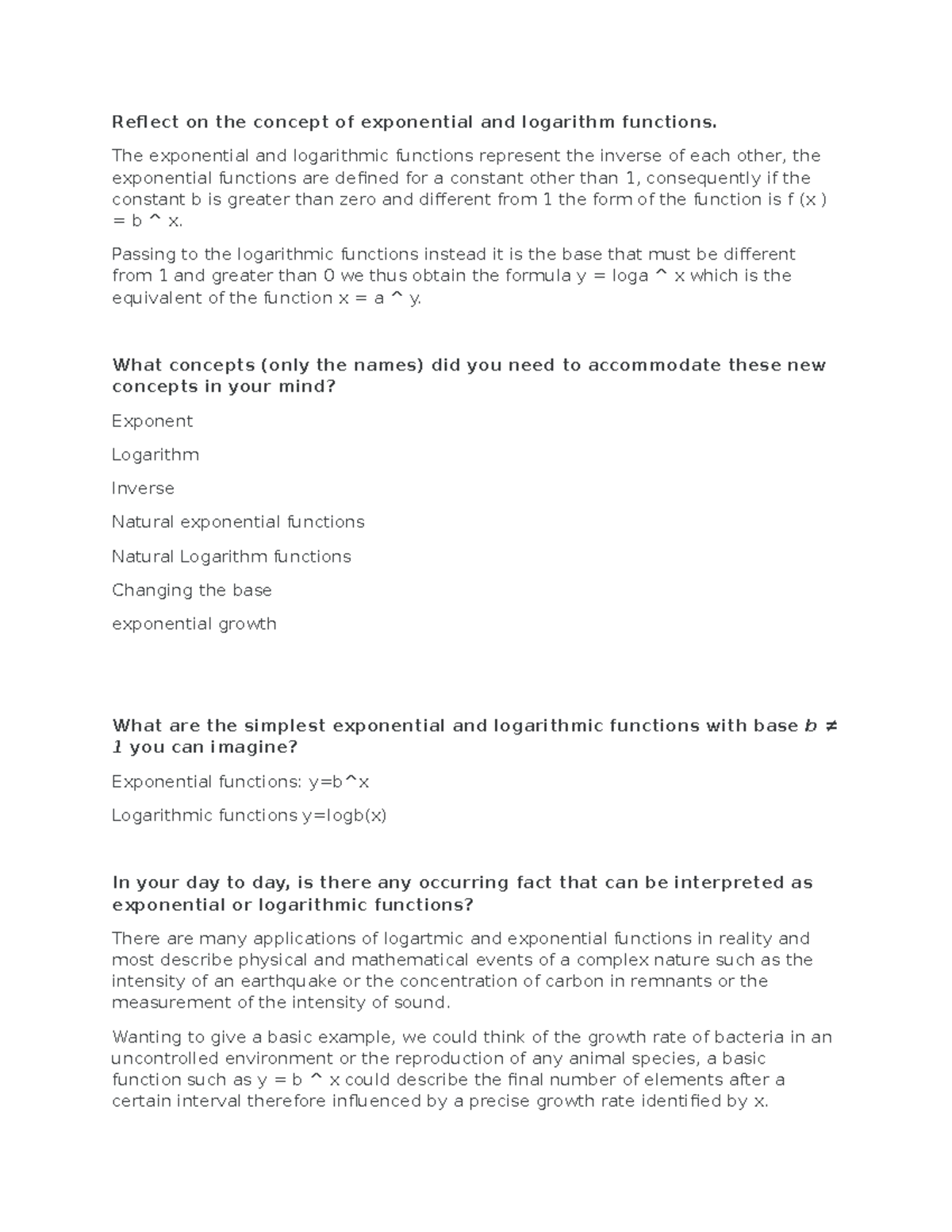 Learning journal 5 - Reflect on the concept of exponential and logarithm functions. The ...