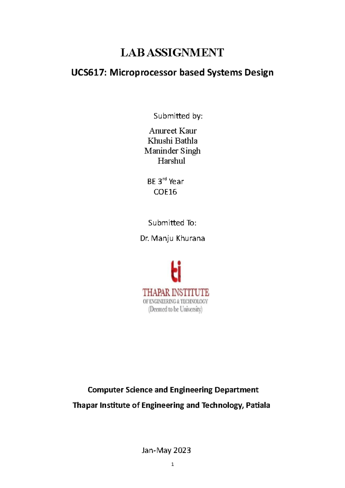 MSD File Final - LAB ASSIGNMENT UCS617: Microprocessor based Systems Design Submitted by ...
