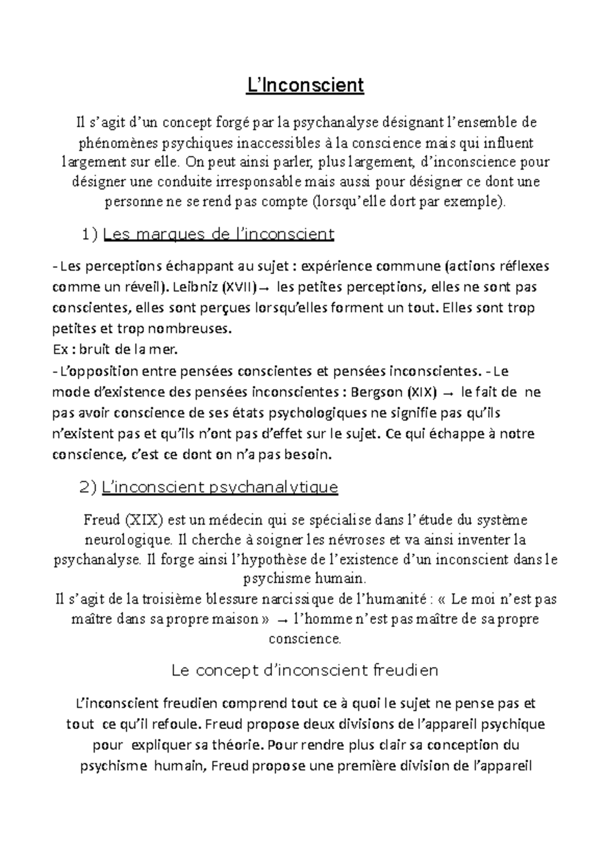 L'inconscient - cours - L’Inconscient Il s’agit d’un concept forgé par ...